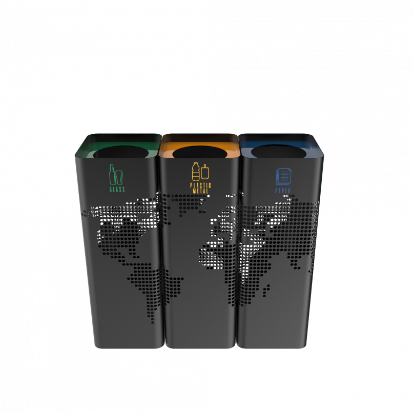 ECOMONDE PC Metal Recycling Bins with World Map - Binsignia®